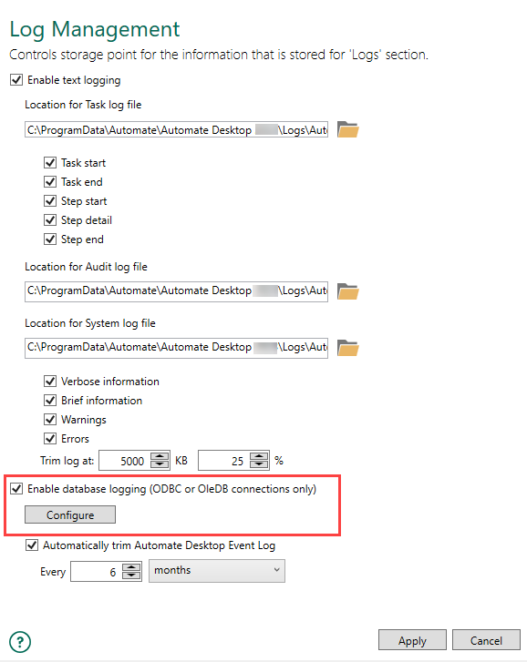 External Database Logging Configuration